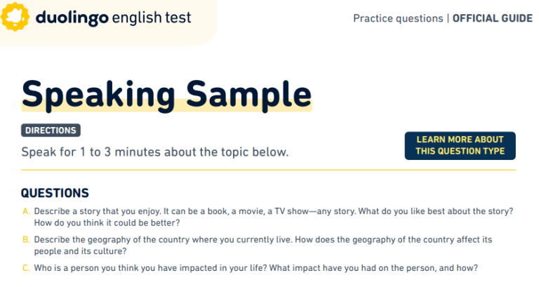 Duolingo Speaking Topics – Sample Questions & Answers